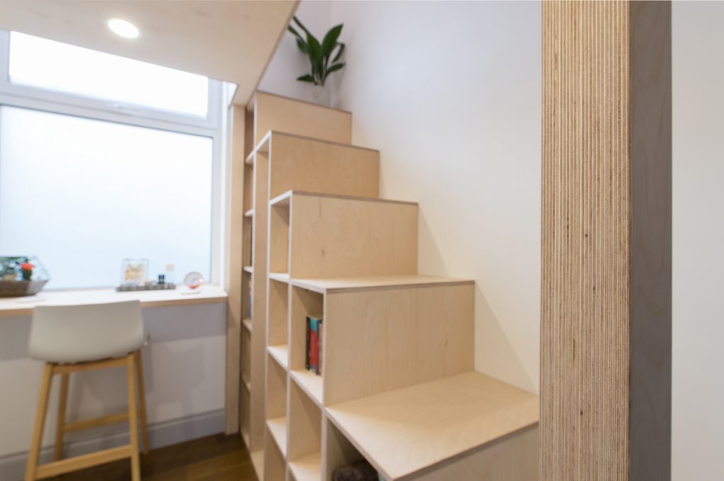 Relaxed birch ply mezzanine loft with stairs and storage - Scandinavian ...